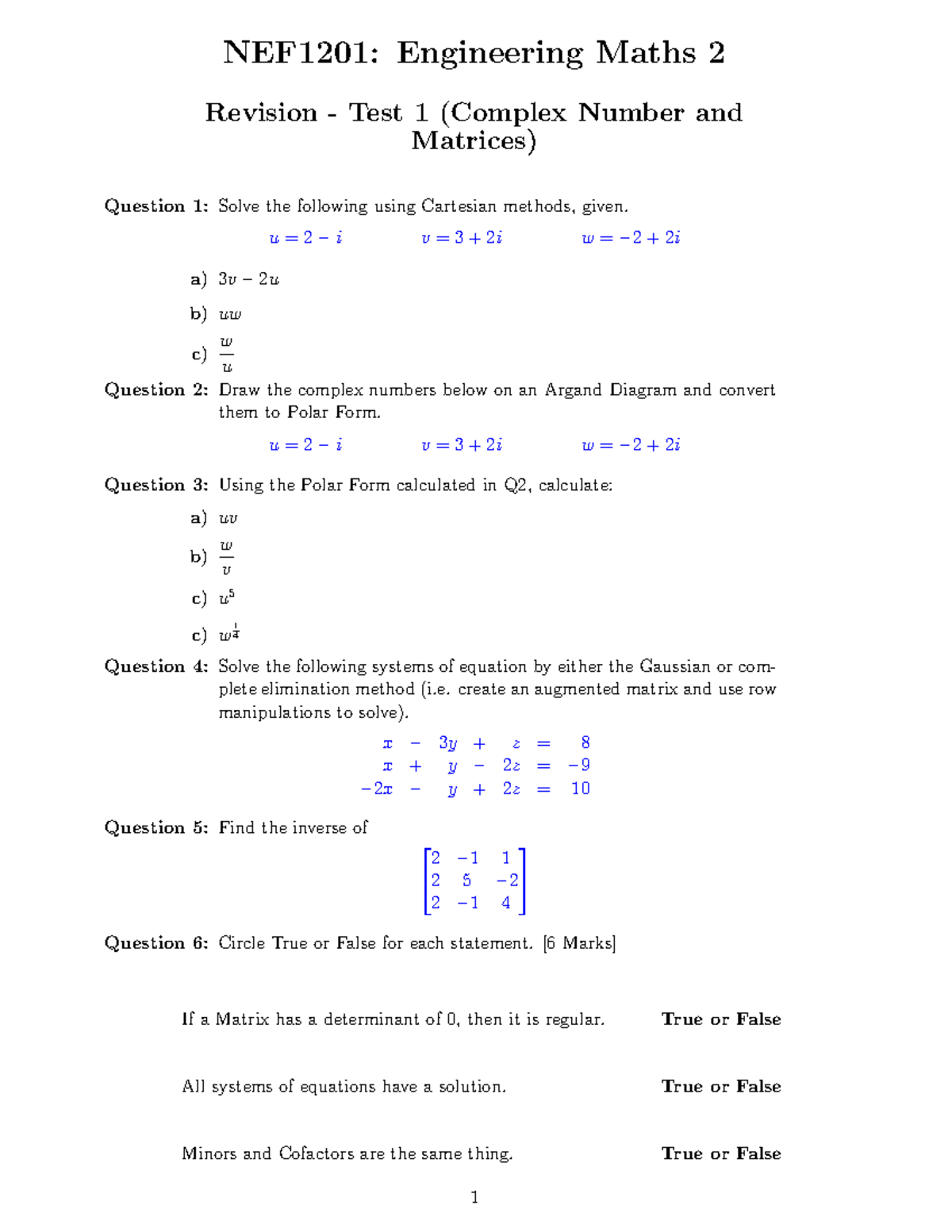 Revision - Test 1 (Complex Numbers and Matrices) - NEF1201: Engineering ...
