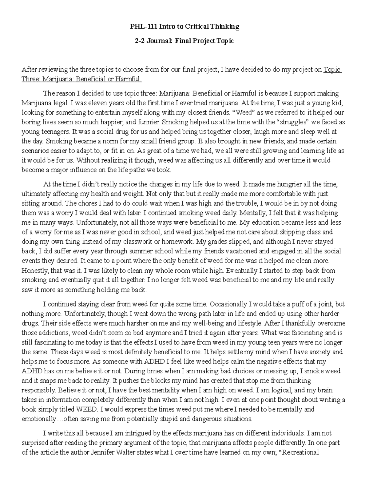 PHL 111 Module TWO Journal - Final Project Topic - PHL-111 Intro to ...