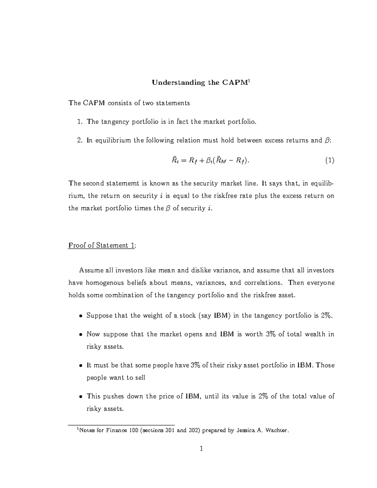 16. Understanding the CAPM - In equilibrium the following relation must ...