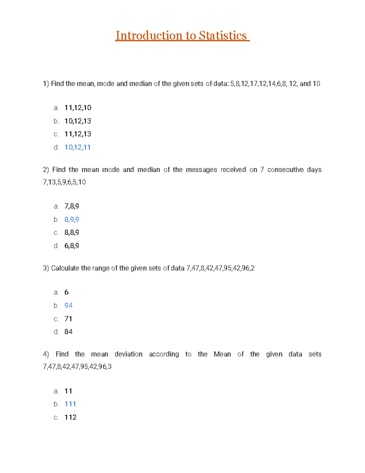 Introduction to Statistics - Introduction to Statistics Find the mean ...