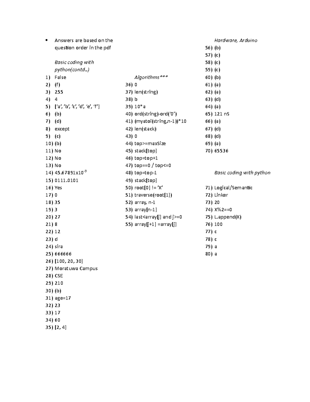 Cs-answers 2019 - aaaa - Answers are based on the question order in the ...