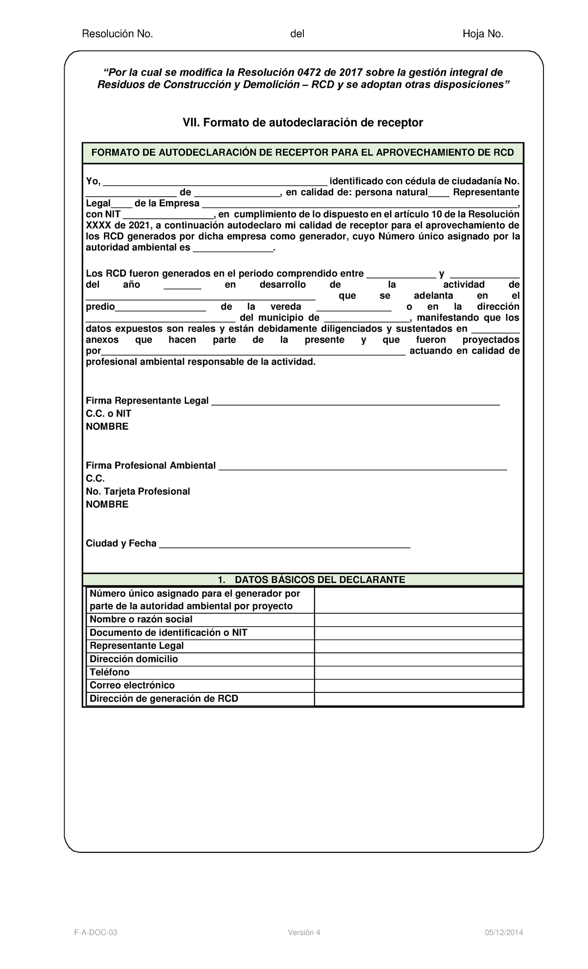 Anexo VII Resolución 1257 de 2021 - Resolución No. del Hoja No. “Por la ...
