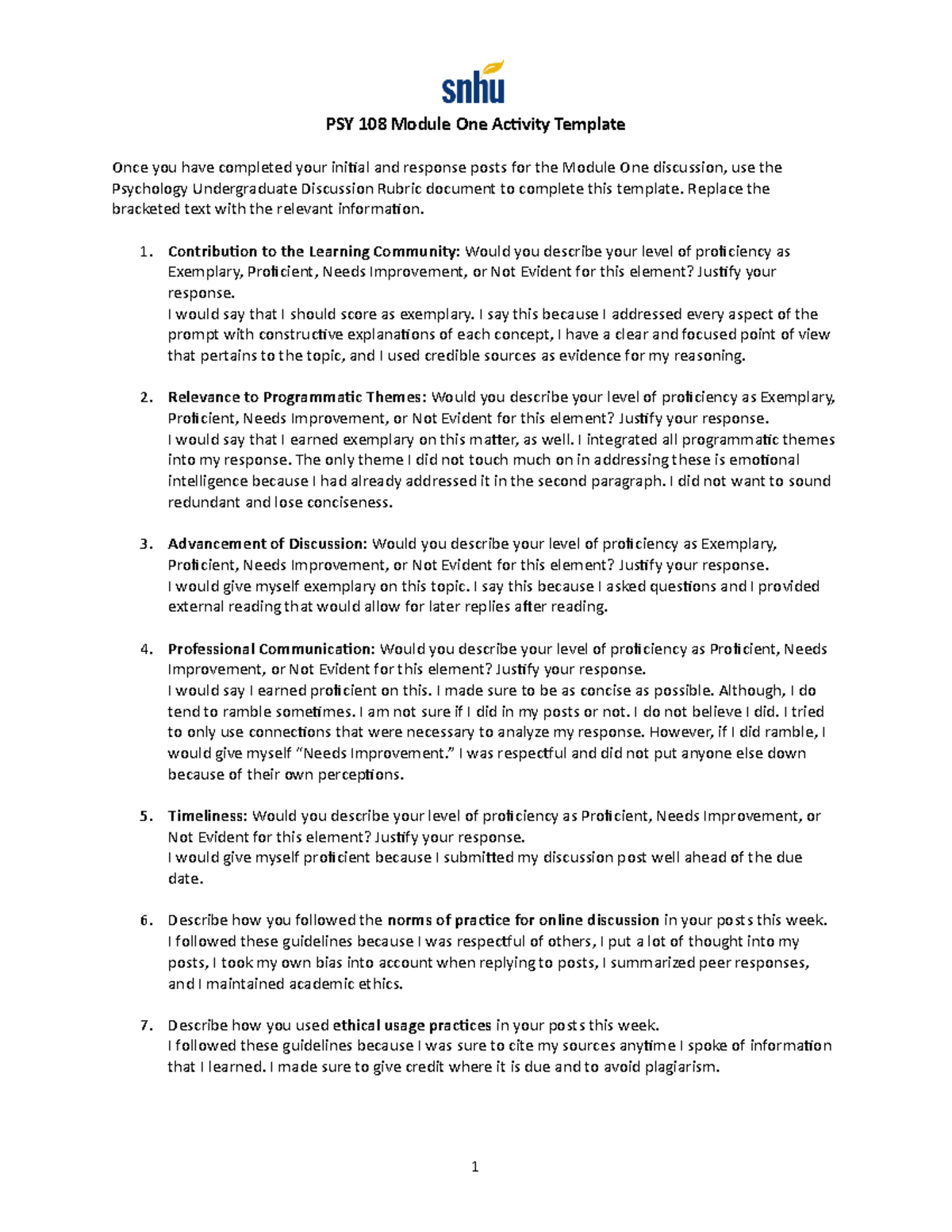 Module 1 - Discussion Self-Assessment - PSY 108 Module One Activity ...