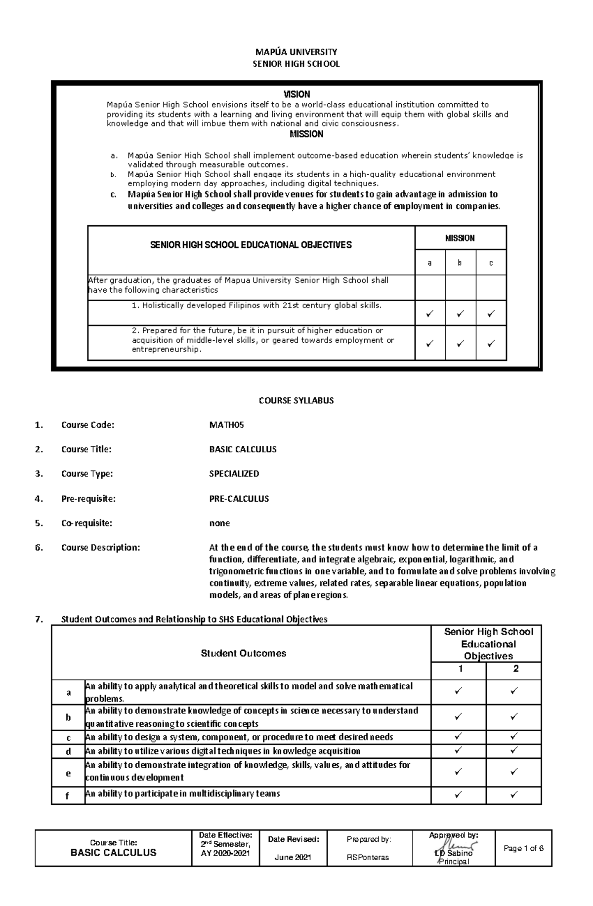 MATH05 (Basic Calculus) Syllabus - Course Title: BASIC CALCULUS Date ...