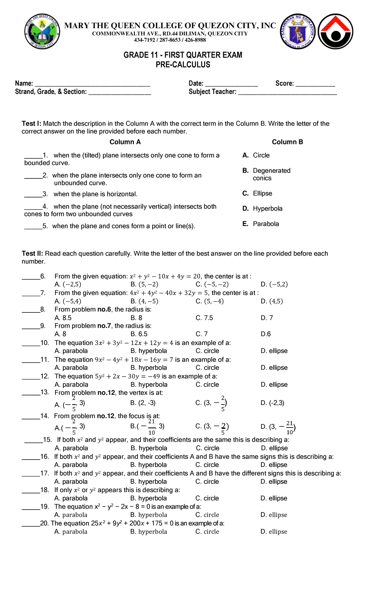 PRE- Calculus - Accounting - GRADE 11 - FIRST QUARTER EXAM PRE-CALCULUS ...