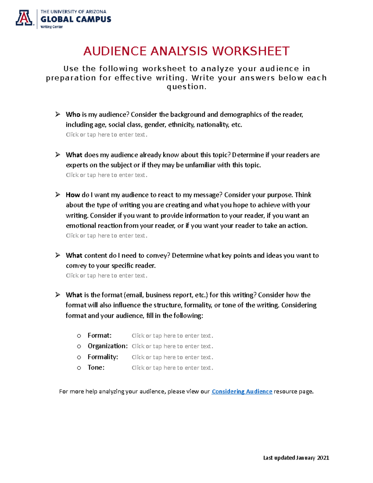 Audience Analysis Worksheet - AUDIENCE ANALYSIS WORKSHEET Use the fol ...
