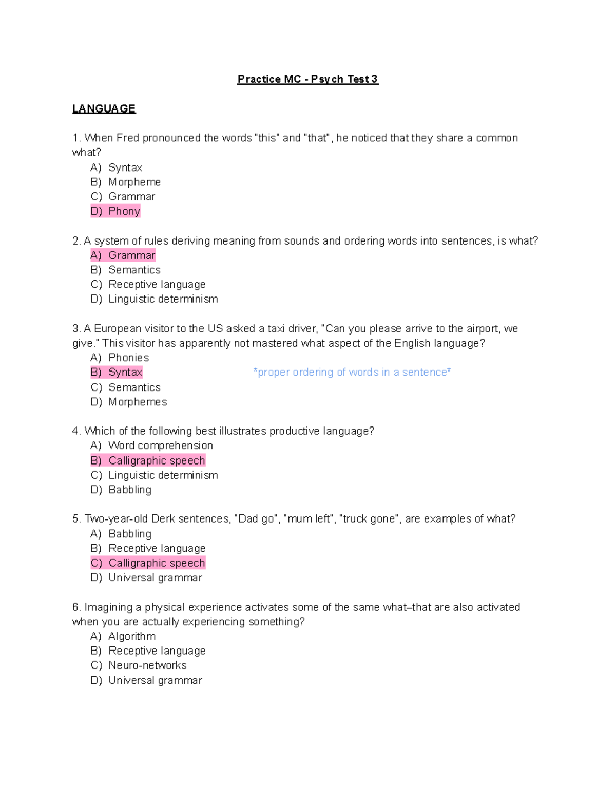 Practice MC for Test 3 - Language - Practice MC - Psych Test 3 LANGUAGE ...