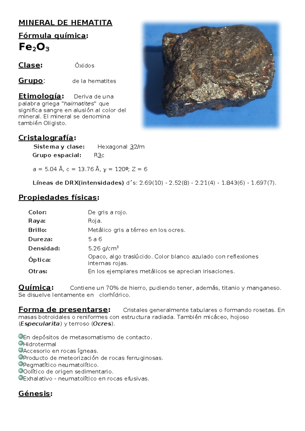 Mineral DE Hematita - MINERAL DE HEMATITA Fórmula química: Fe 2 O 3 ...