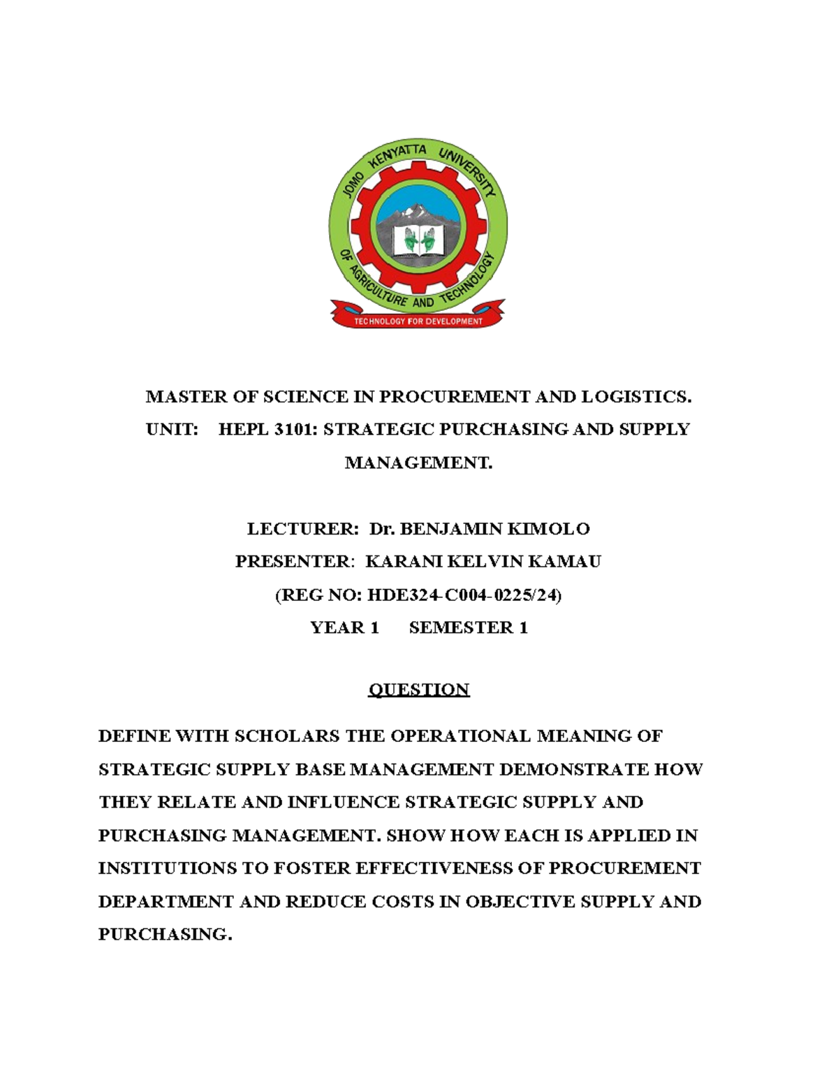 Strategic Assignment Karani Kelvin Kamau - MASTER OF SCIENCE IN ...
