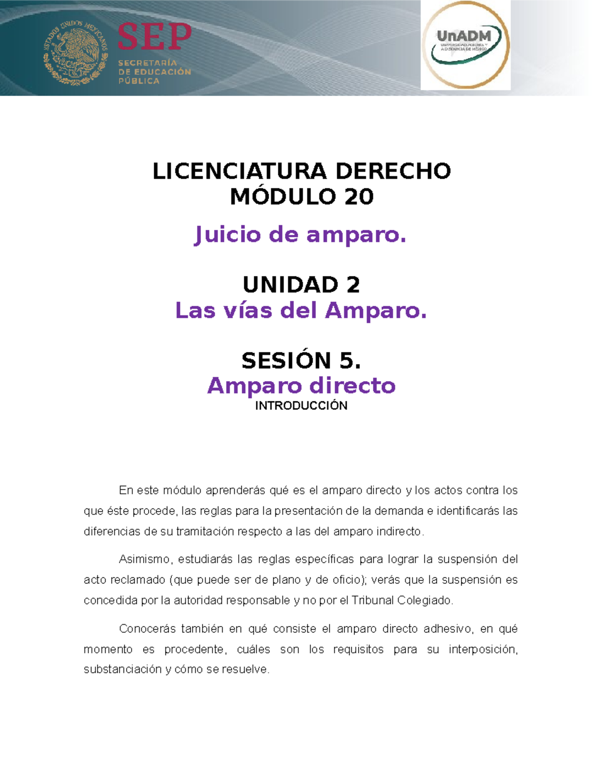 M20 U3 S6 - ejecucion de sentencia - LICENCIATURA DERECHO MÓDULO 20 Juicio de amparo. UNIDAD 2 ...