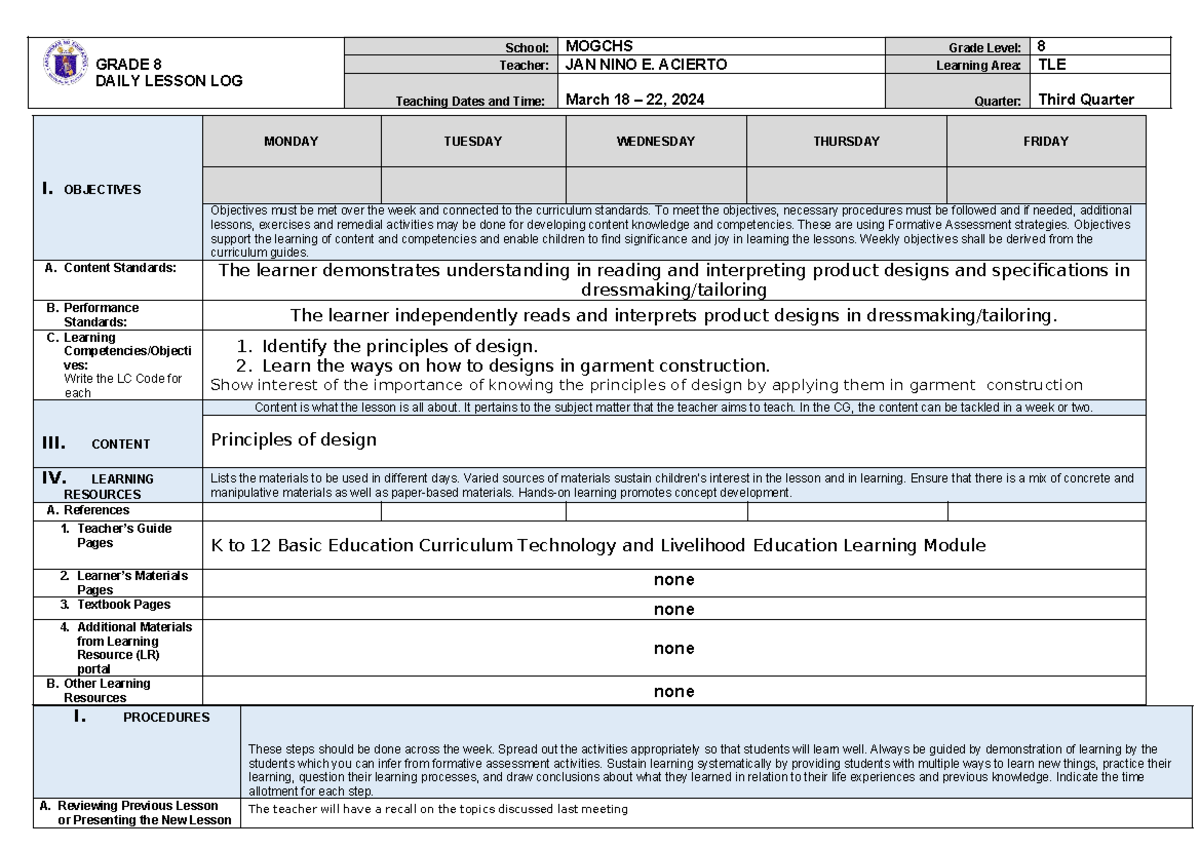 DLL g7-g8 - I. PROCEDURES These steps should be done across the week ...