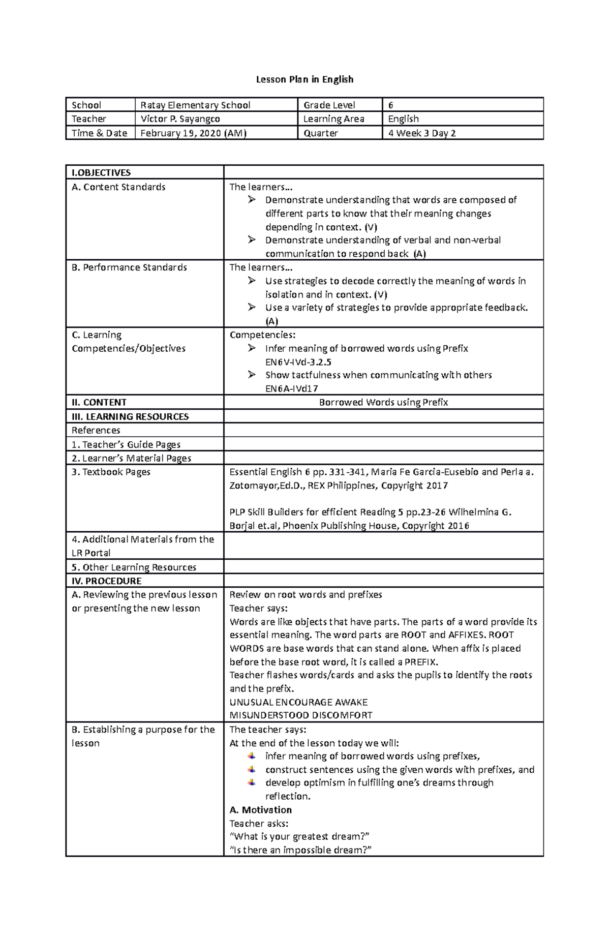 Lesson Plan in English 6 - Lesson Plan in English School Ratay ...
