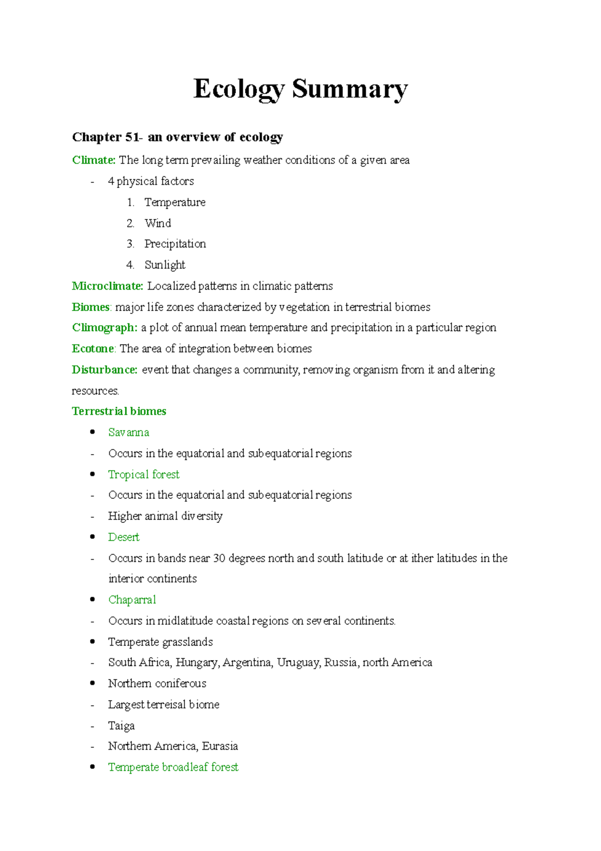 introduction to Ecology Summary - Ecology Summary Chapter 51- an ...