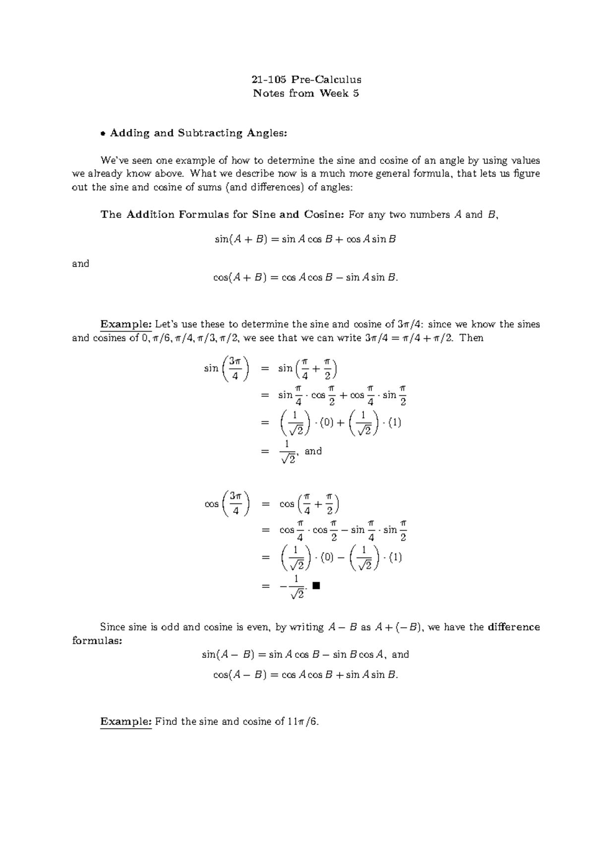 Notesweek 5 - Lecture notes 5 - 21-105 Pre-Calculus Notes from Week 5 ...