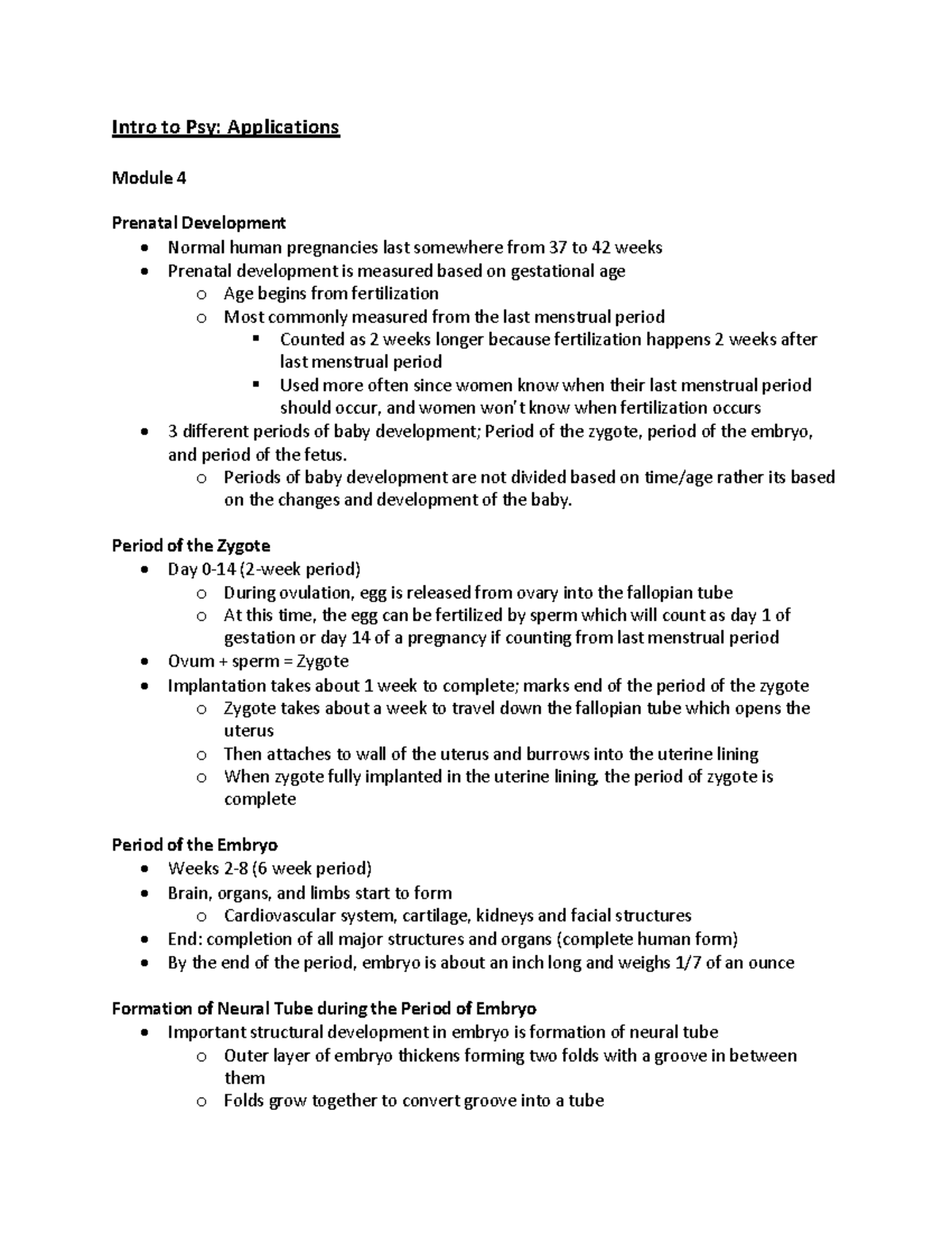 (PSY1102) Notes - Intro to Psy: Applications Module 4 Prenatal ...