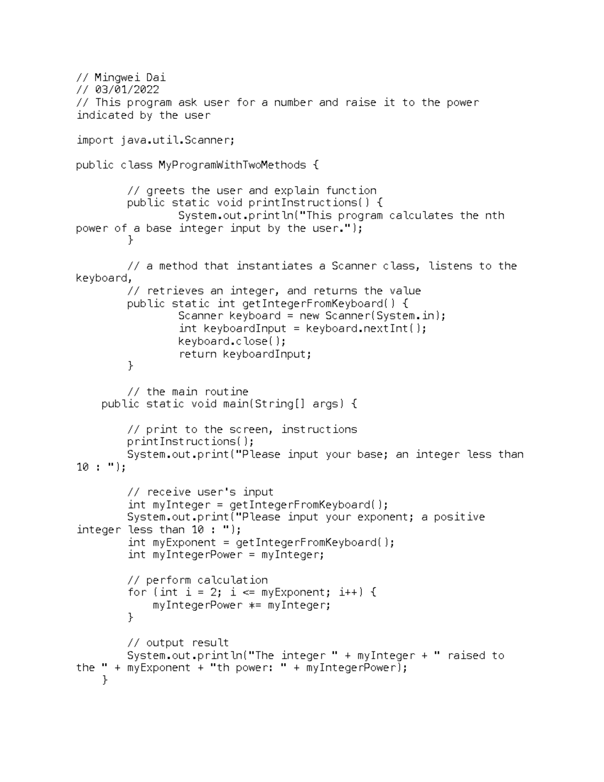 My Program With Two Methods - // Mingwei Dai // 03/01/ // This program ...