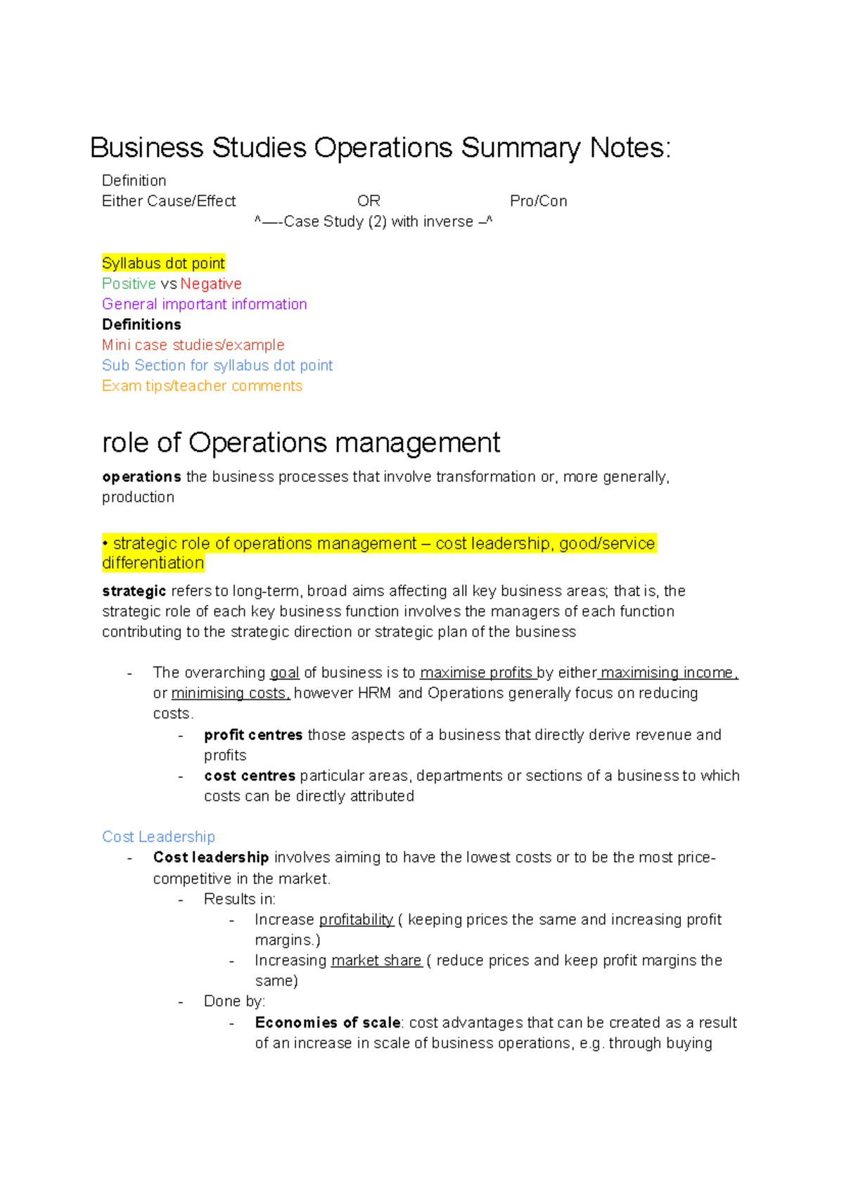 Summary Notes Operations Jordan - Business Studies Operations Summary ...