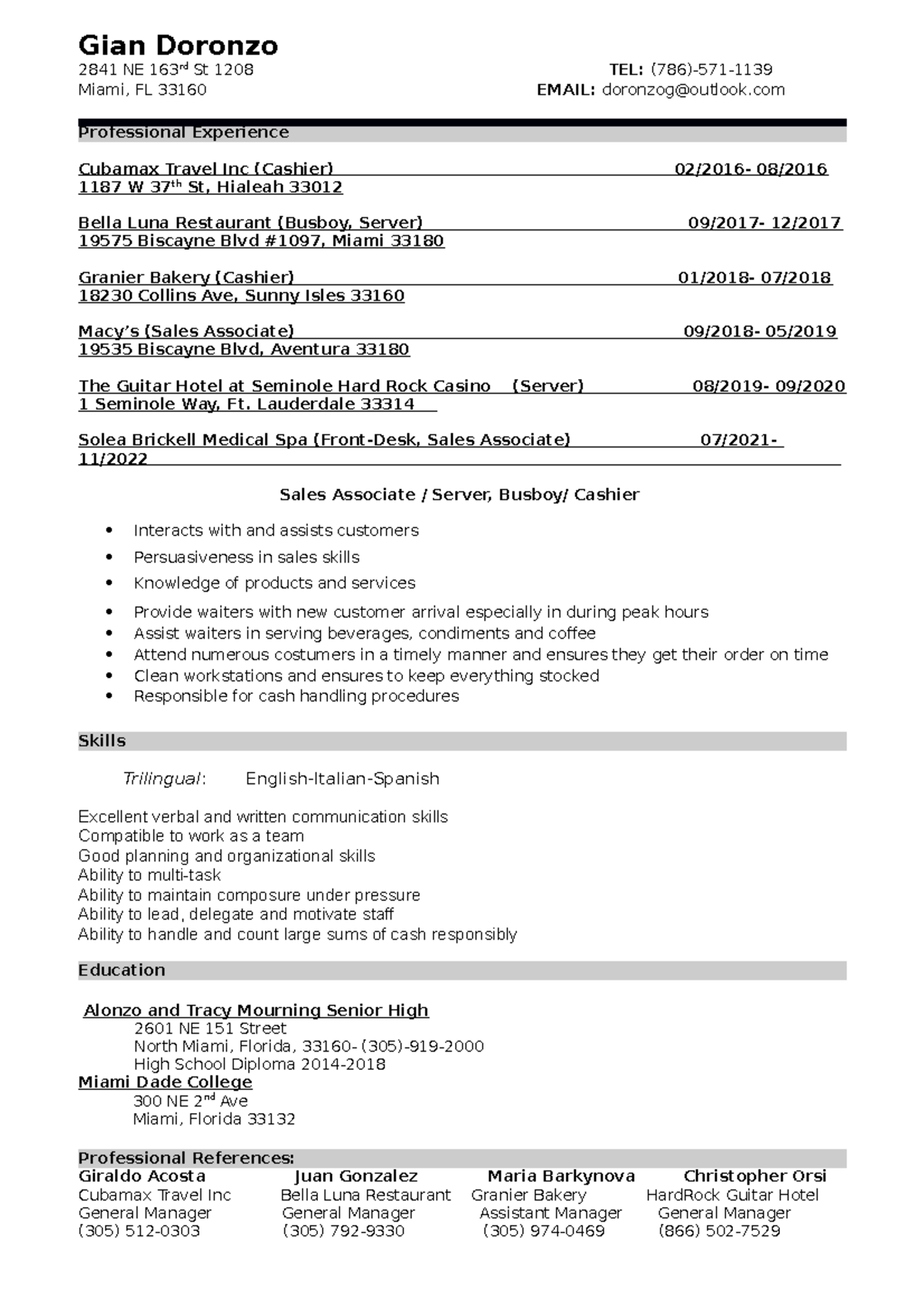 Gian Resume - 23423452354 - Gian Doronzo 2841 NE 163rd St 1208 TEL ...