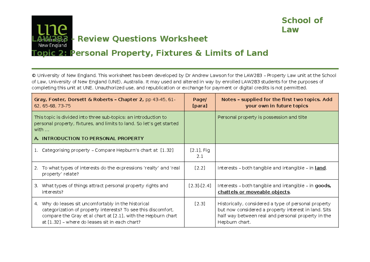 2 Review Qs Pers Prop Limits Fixtures - School of Law LAW283 – Review ...