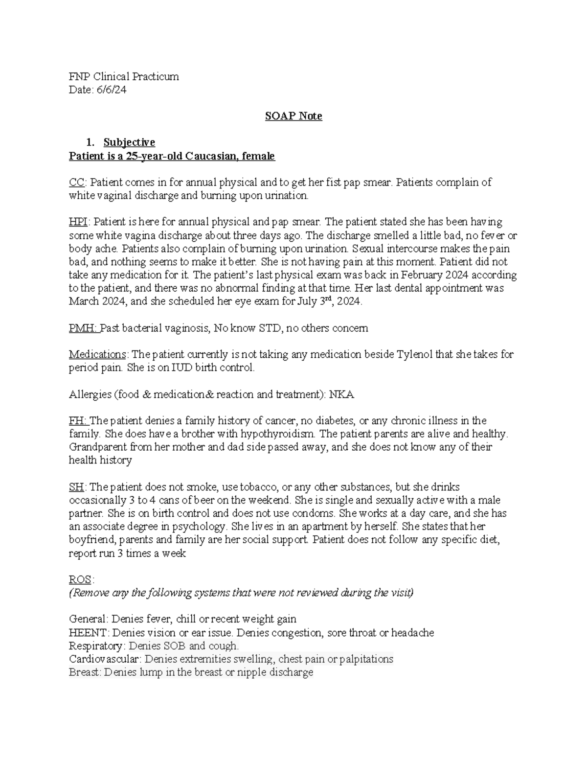 SOAP 1 Note Template - practice manual - FNP Clinical Practicum Date: 6 ...