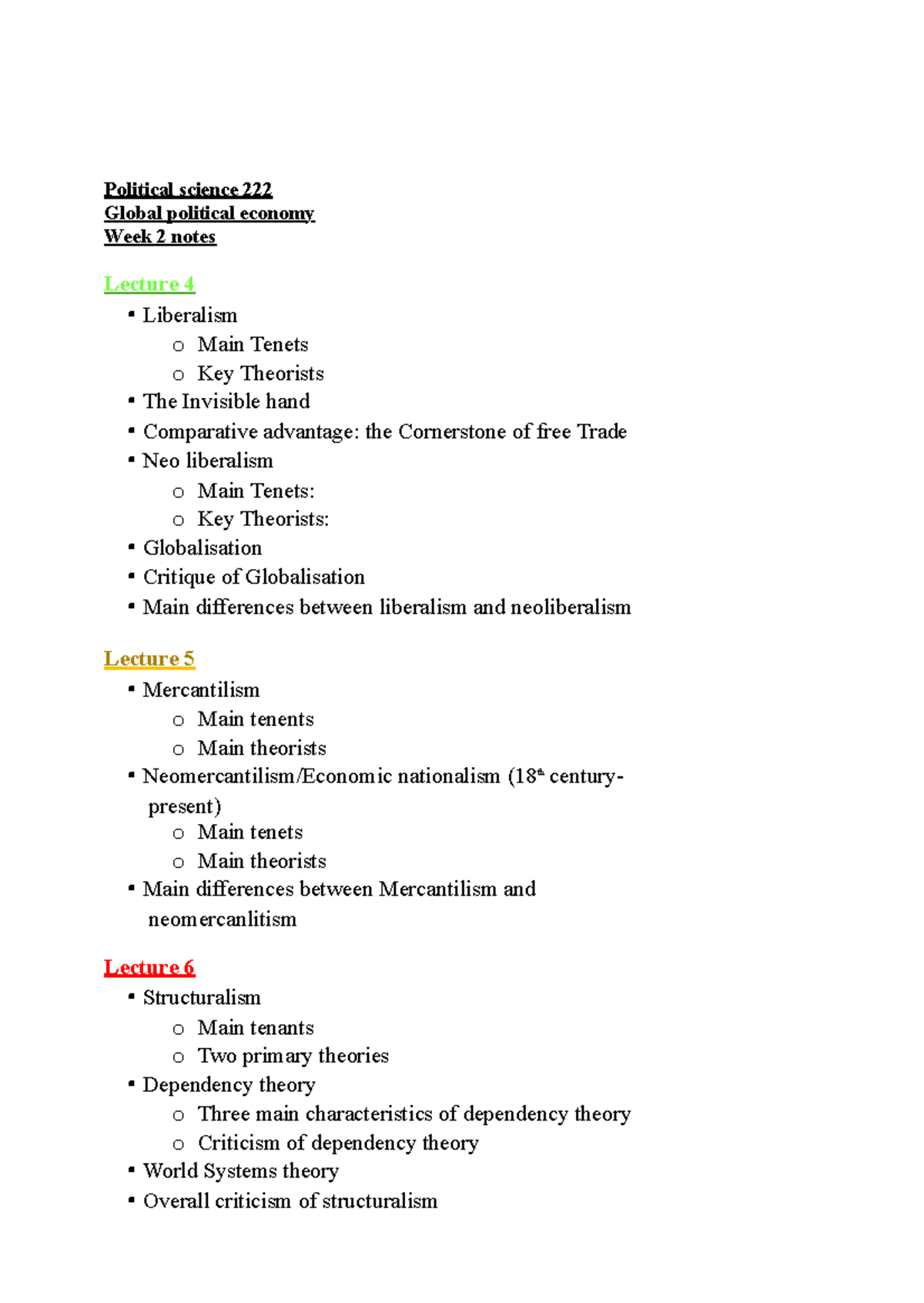 222 Week 2 notes - Political science 222 Global political economy Week ...