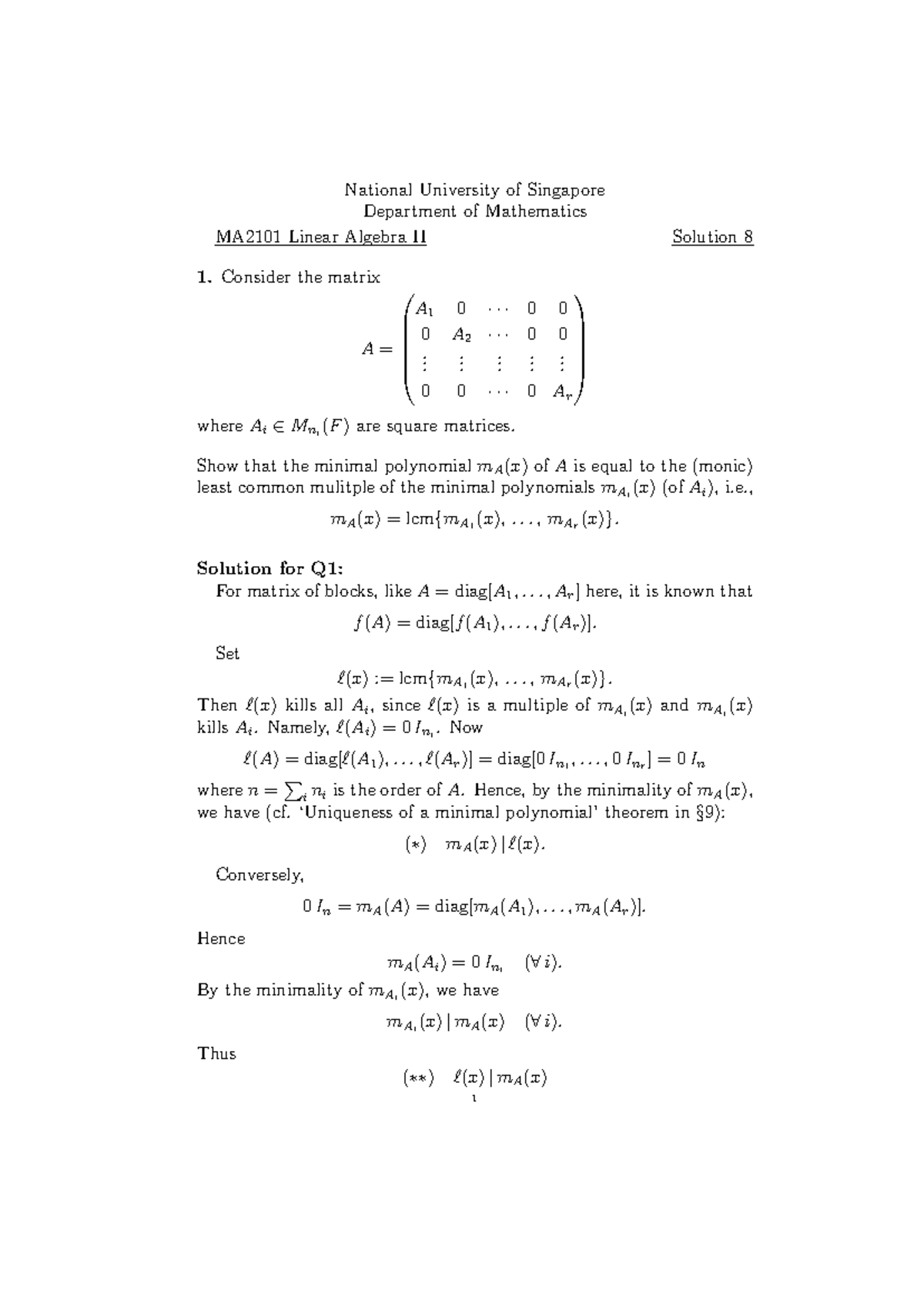 Tutorial Solution 8 - National University of Singapore Department of ...