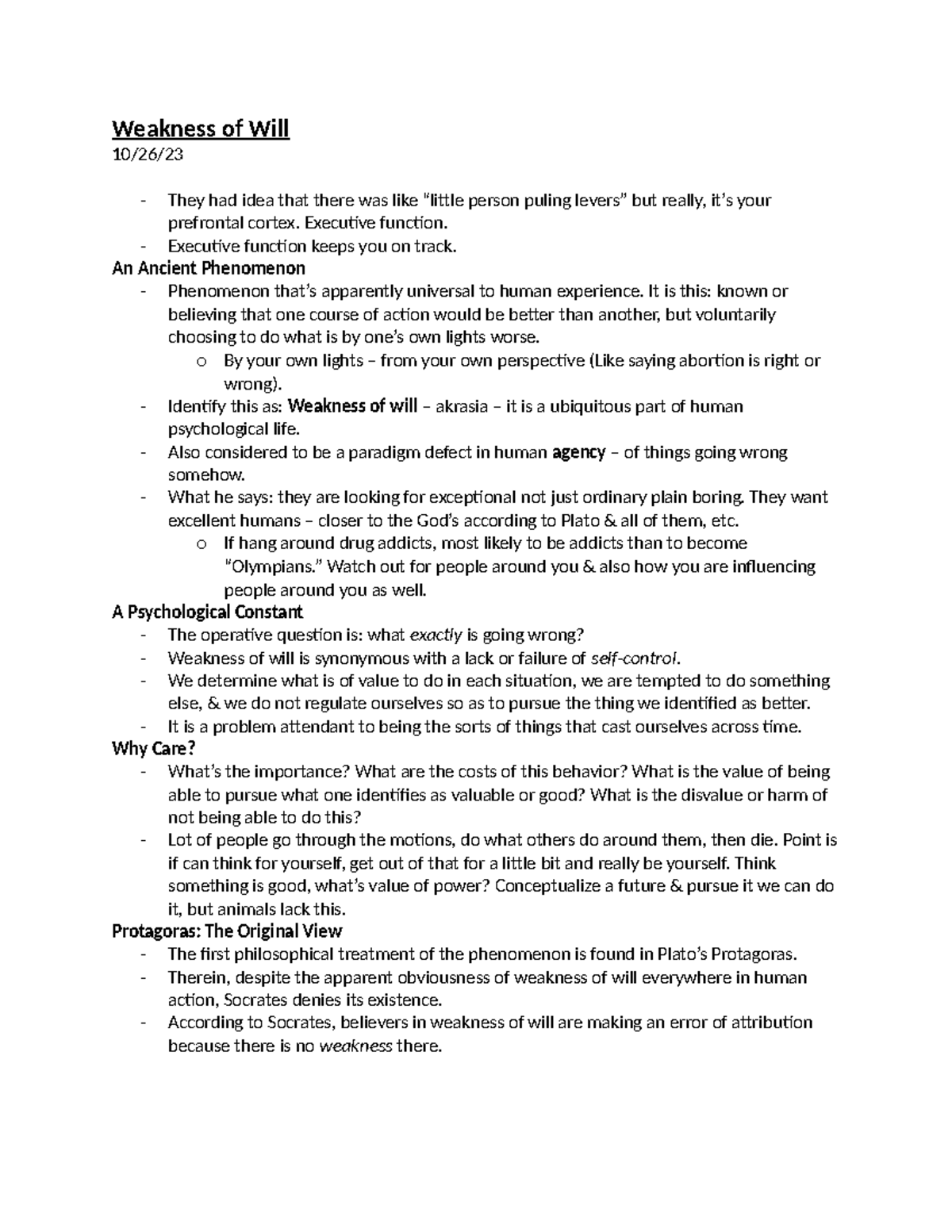 Class Notes for Final - Weakness of Will 10/26/ They had idea that ...