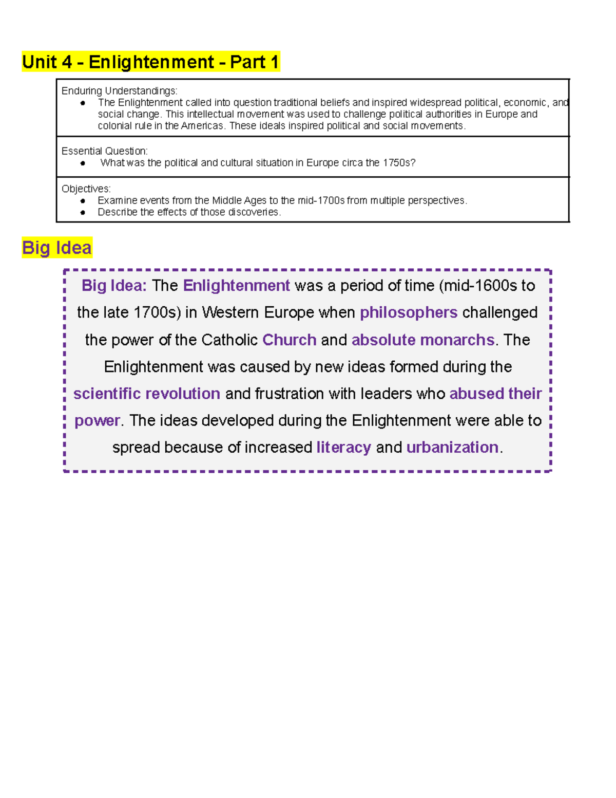 Enlightenment era - Unit 4 - Enlightenment - Part 1 Enduring ...