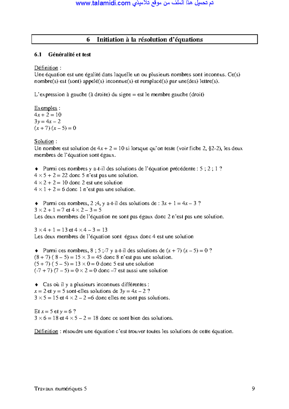 Talamidi - Exercice - Travaux numériques 5 9 6 Initiation à la ...