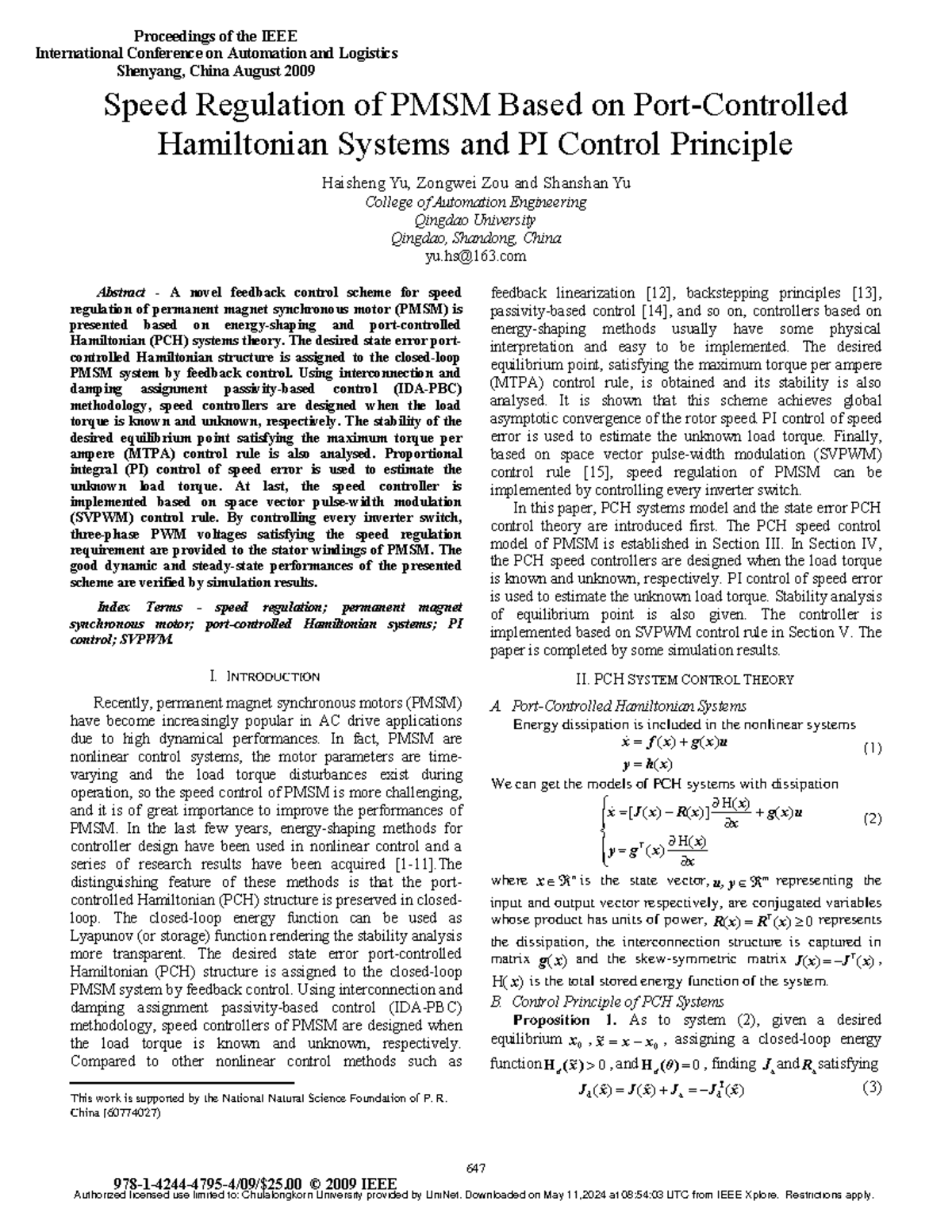 Speed Regulation Of Pmsm Based On Port Controlled Hamiltonian Systems And Pi Control Principle