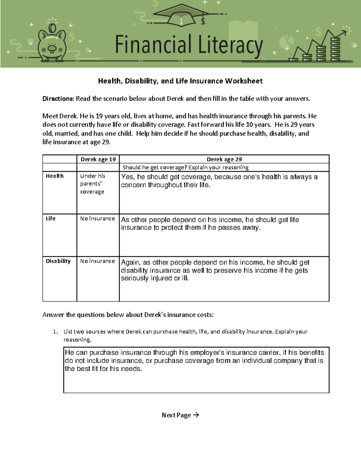 Health Insurance Worksheet - Health, Disability, and Life Insurance ...