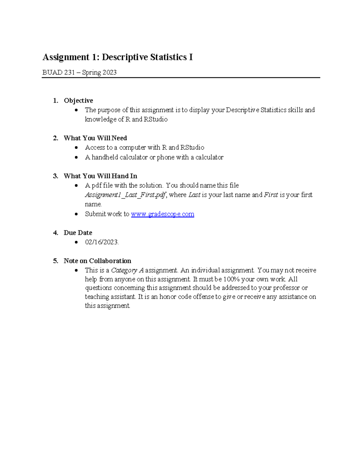 Assignment 1 Professor Gelves - Assignment 1: Descriptive Statistics I ...