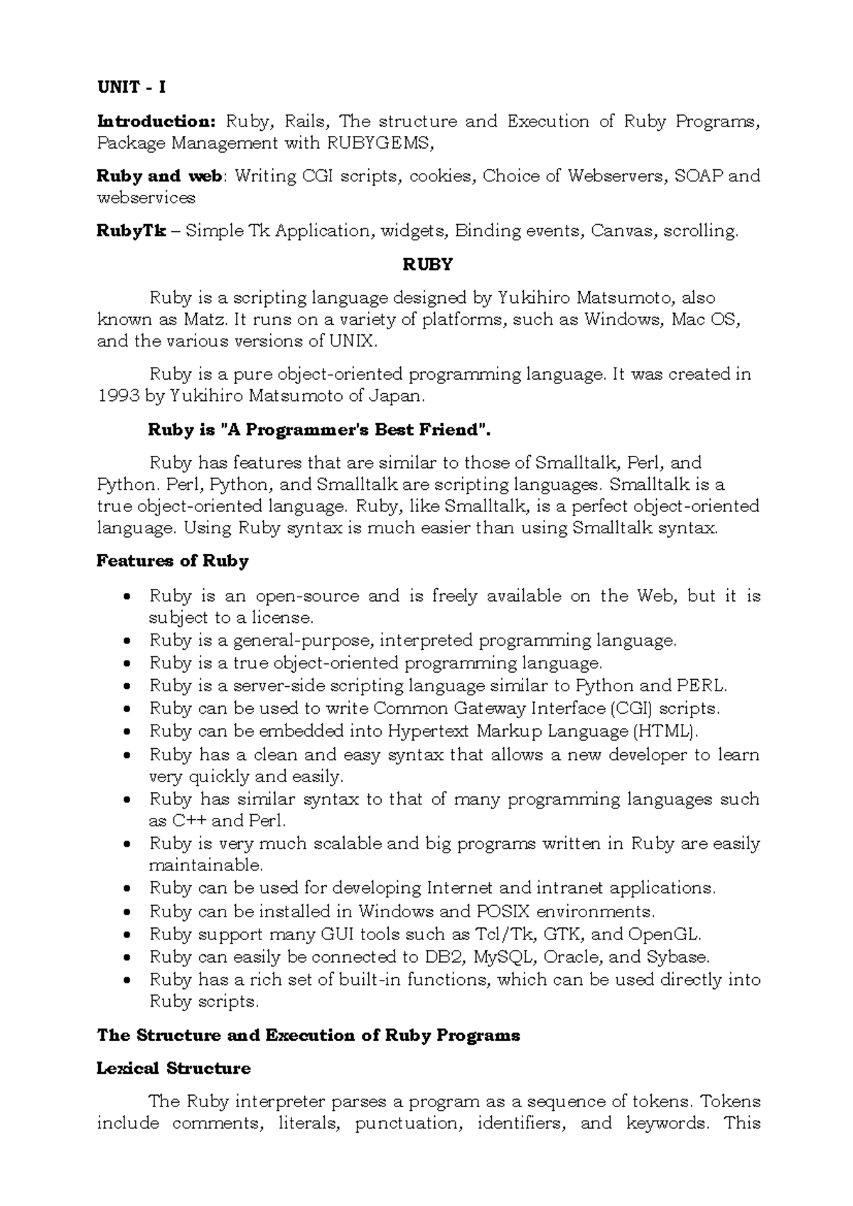 UNIT 1 - Scrpting language - UNIT - I Introduction: Ruby, Rails, The structure and Execution of ...