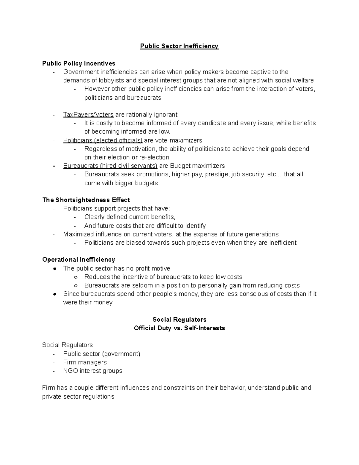 G202 Notes week 2 - Public Sector Inefficiency Public Policy Incentives ...