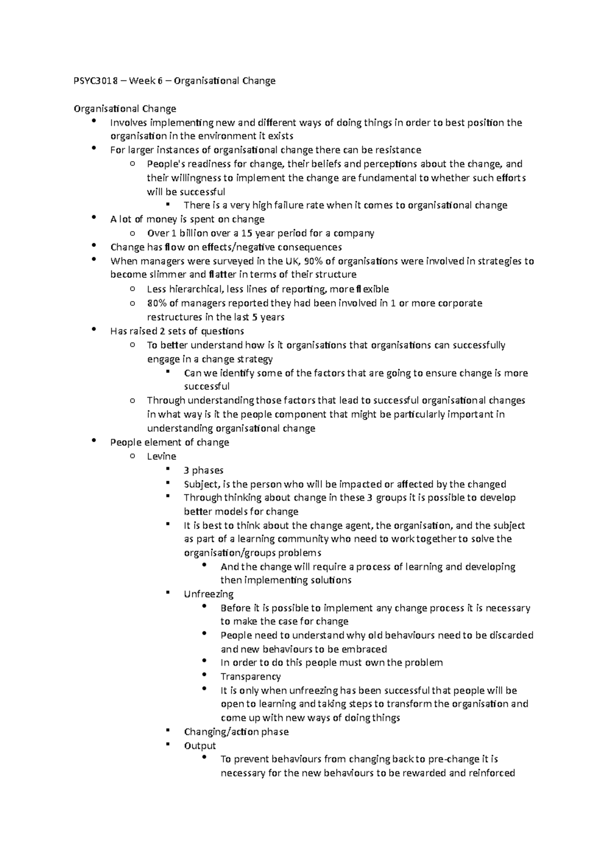 PSYC3018 – Week 6 – Organisational Change - PSYC3018 – Week 6 – Organisational Change ...