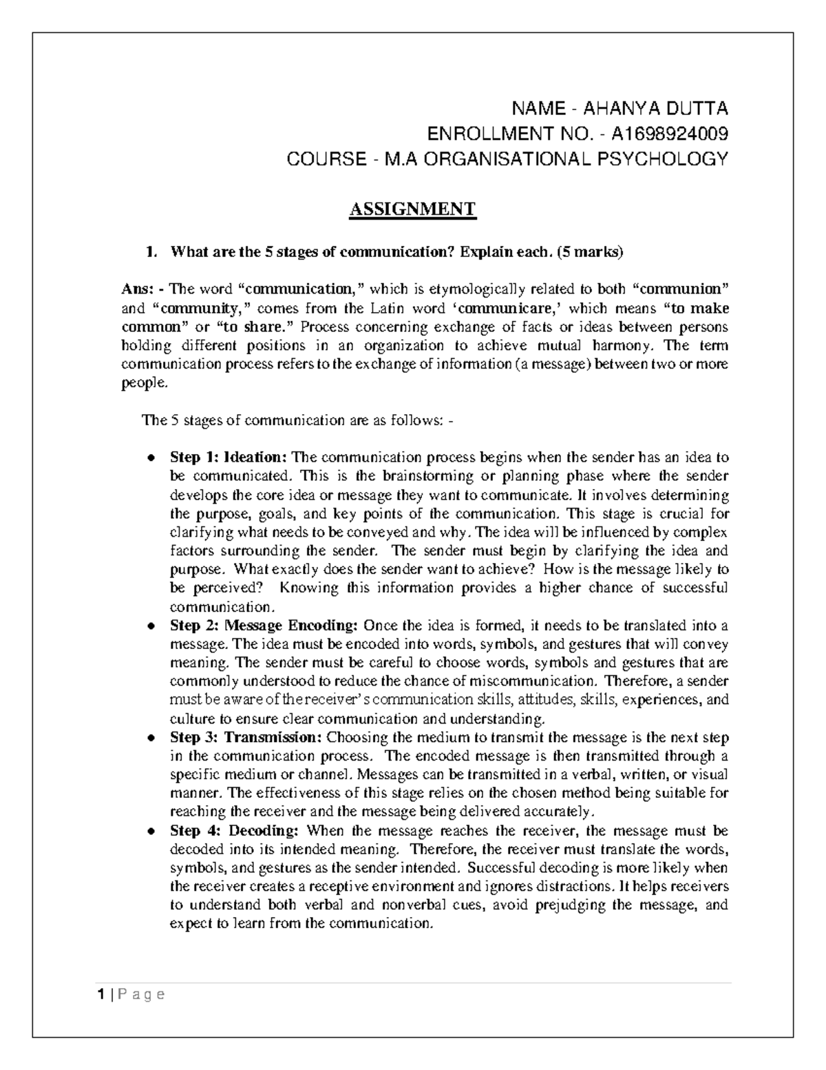 Communication Assignment - NAME - AHANYA DUTTA ENROLLMENT NO ...