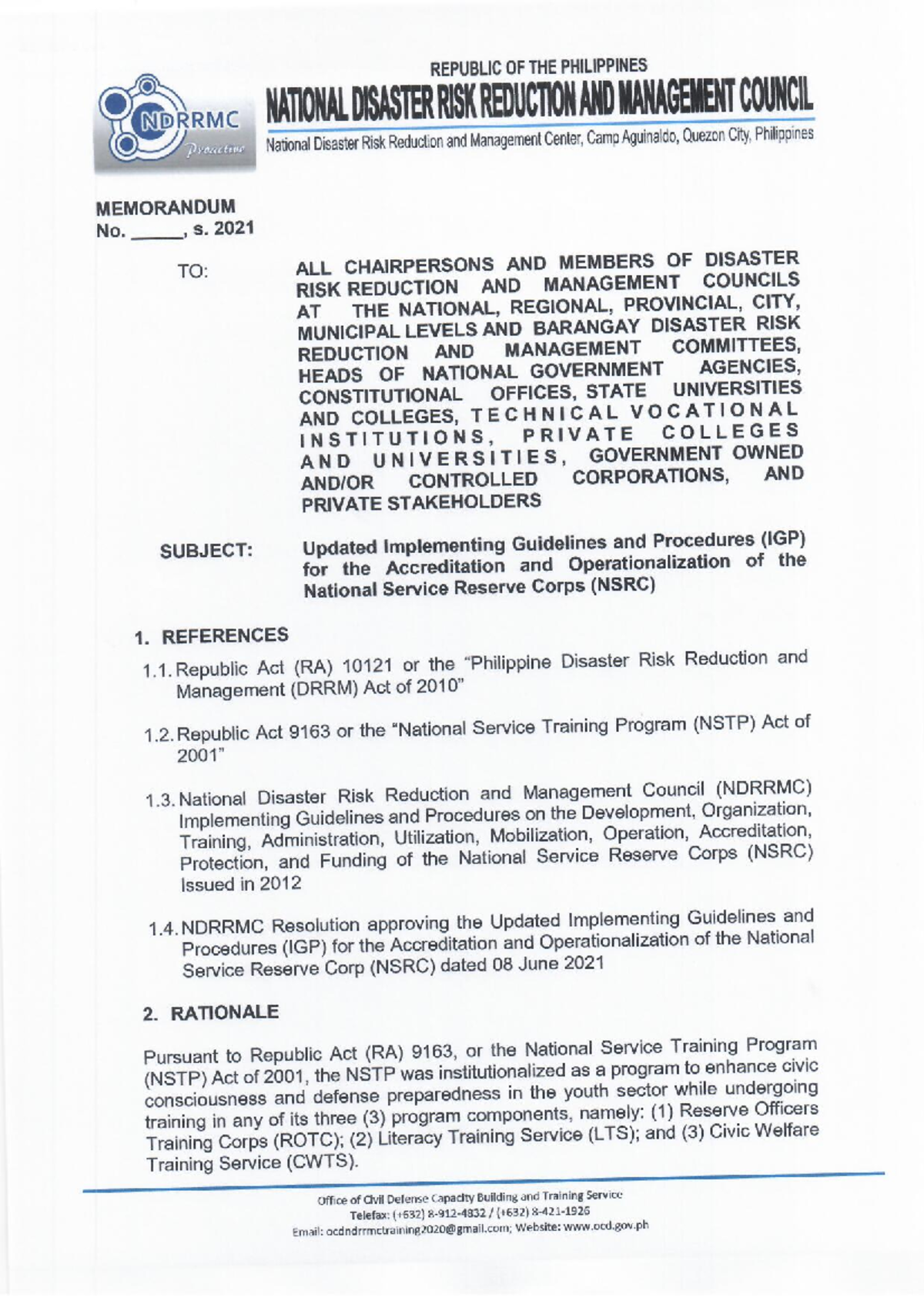 Updated IGP of the NSRC 2021 - Civic Welfare Training Service - Studocu