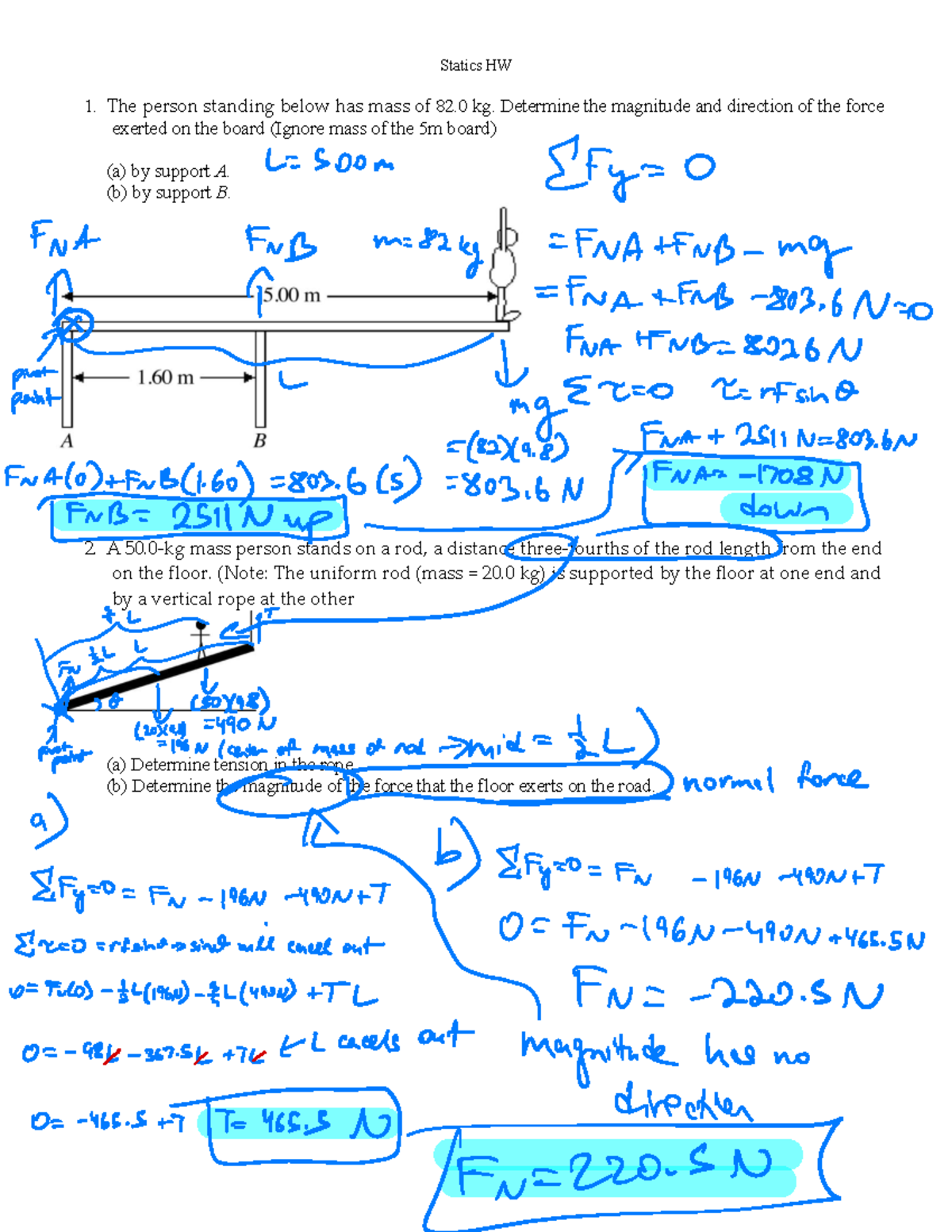 Statics+hw - Statics Physics HW - Statics HW The person standing below ...