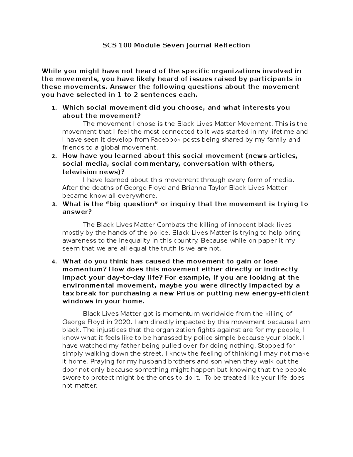 SCS 100 Module Seven Journal Reflection - SCS 100 Module Seven Journal ...