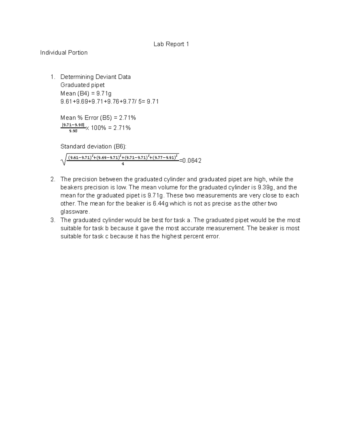 Individual report lab 1 - Lab Report 1 Individual Portion Determining ...