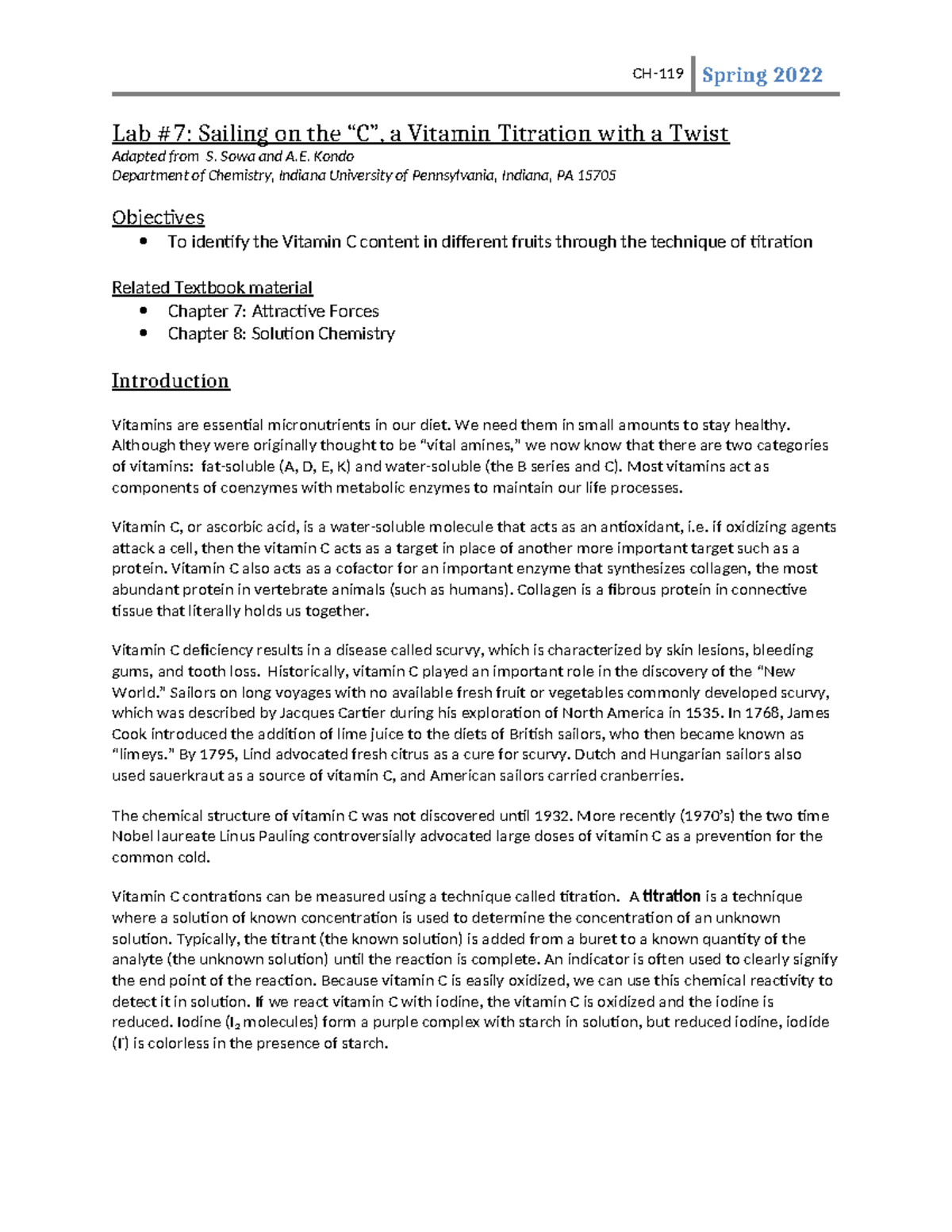 Lab 7-Vitamin C Titration - Lab #7: Sailing on the “C”, a Vitamin ...