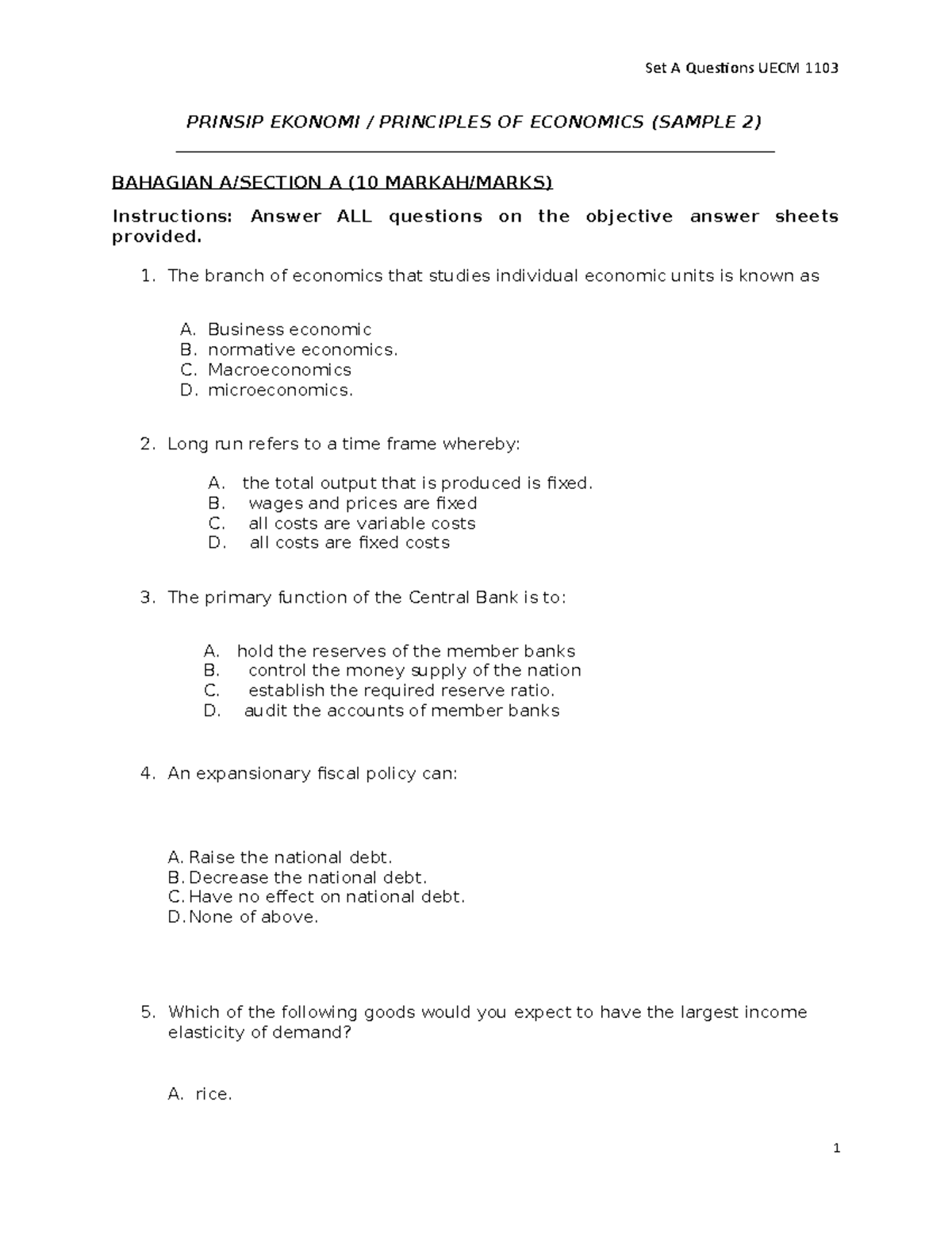 Sample 3 - Practise - PRINSIP EKONOMI / PRINCIPLES OF ECONOMICS (SAMPLE ...