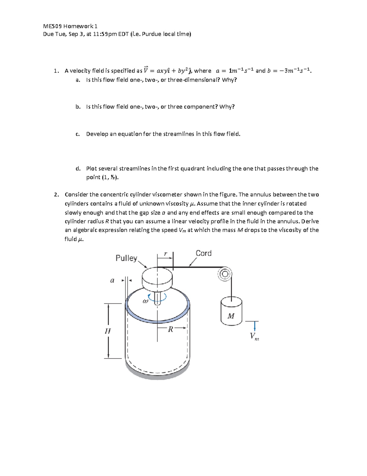 HW1 - HW1 - ME509 Homework 1 Due Tue, Sep 3, at 11:59pm EDT (i. Purdue ...