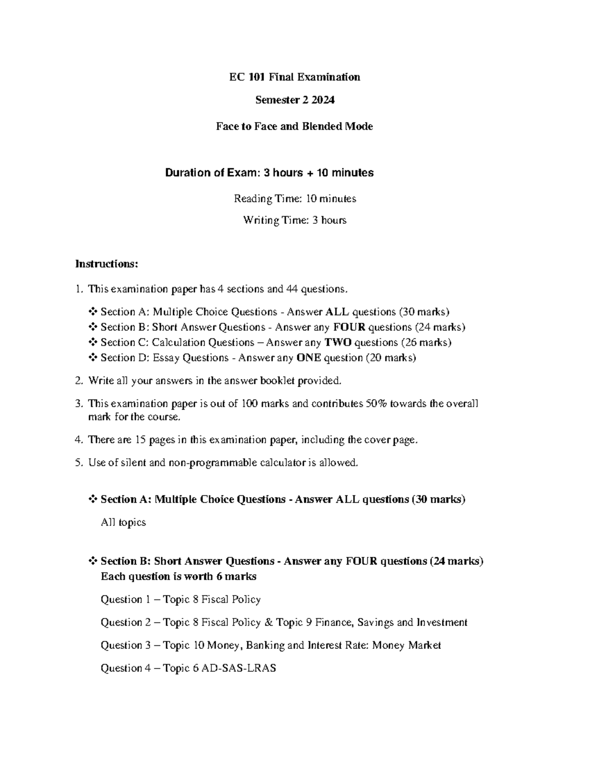 EC 101 FE 0224 Format - pointers - EC 101 Final Examination Semester 2 ...