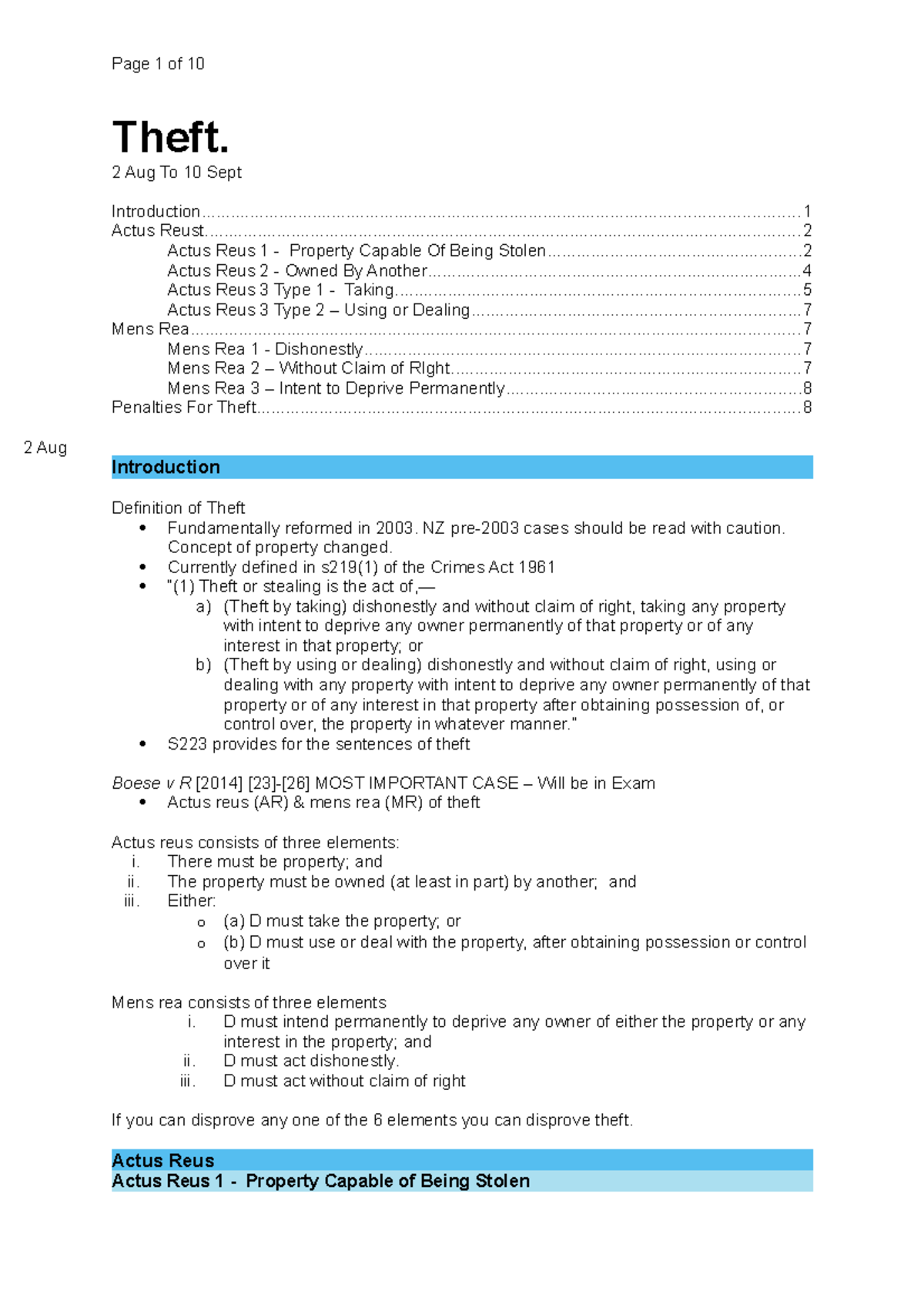 Theft Notes - Theft. 2 Aug To 10 Sept - Studocu