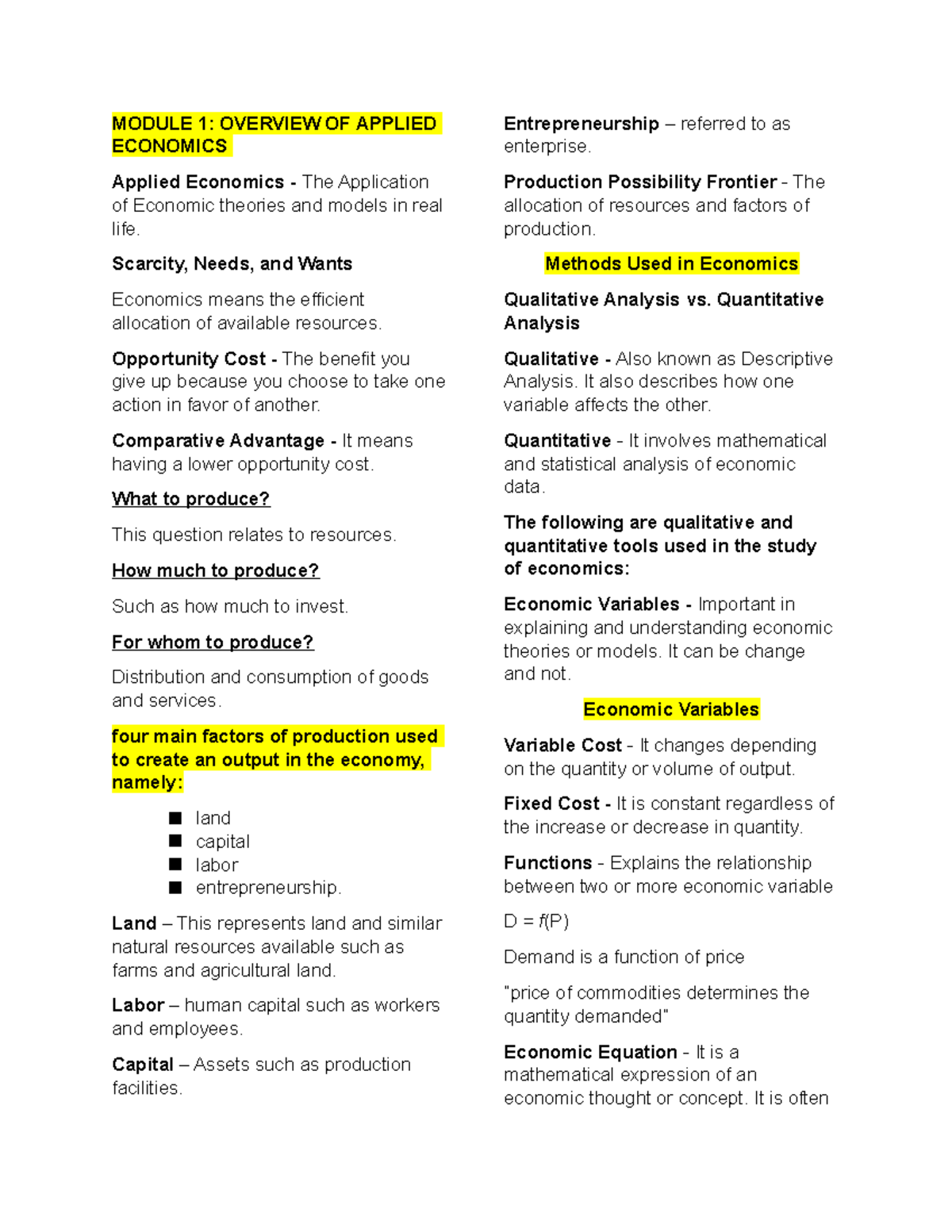 Applied Midterm Second SEM - MODULE 1: OVERVIEW OF APPLIED ECONOMICS ...