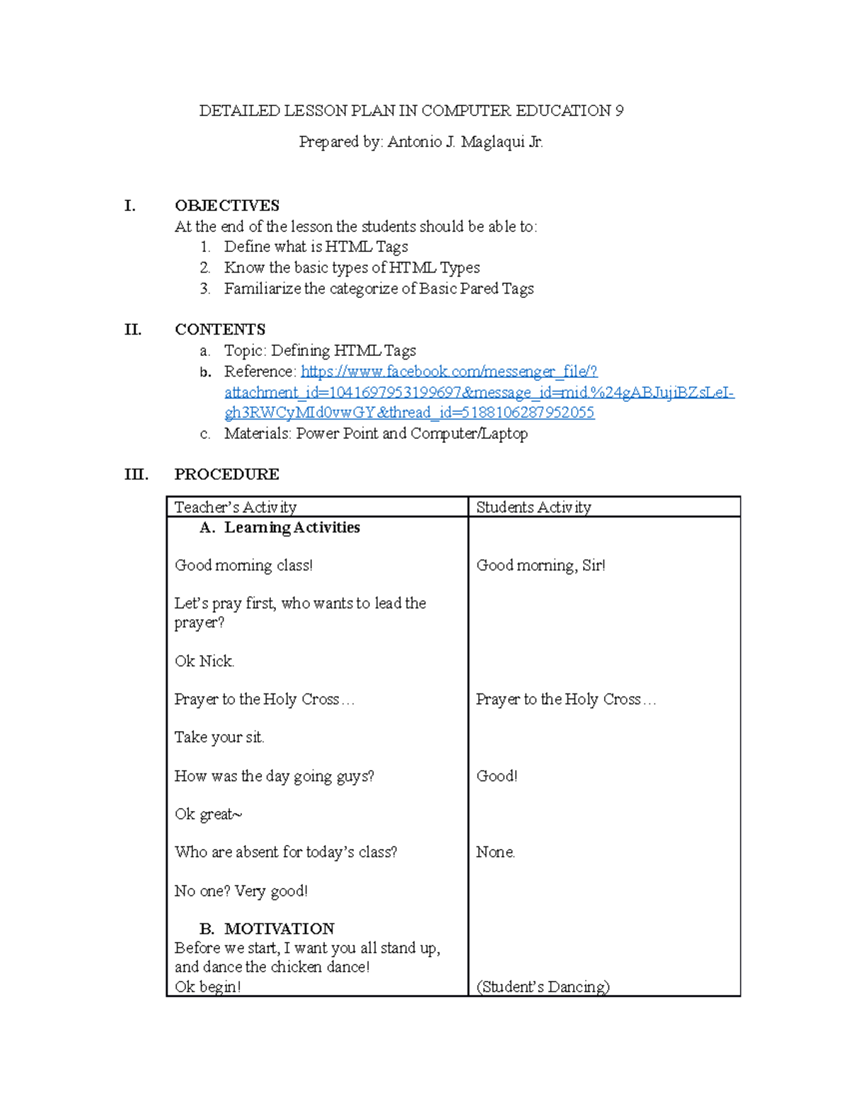 Detailed Lesson PLAN Defining HTML TAGS - DETAILED LESSON PLAN IN ...