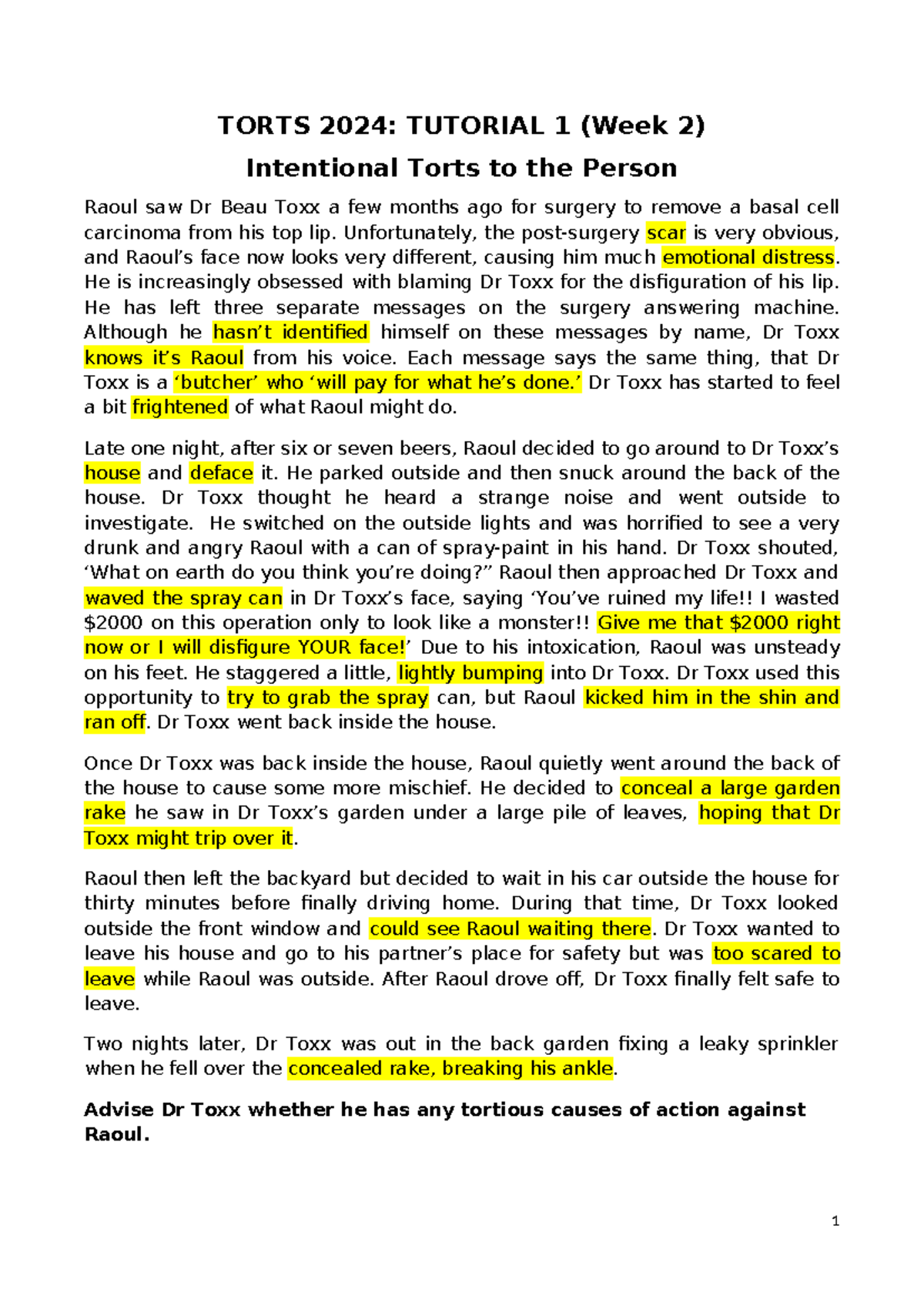Torts Turtorials - tute 1 and 2 - TORTS 2024: TUTORIAL 1 (Week 2) Intentional Torts to the ...
