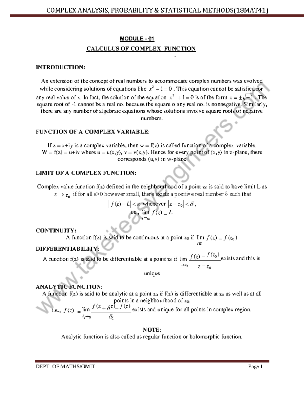 18MAT41 Module-1pdf - Notes - z 0 INTRODUCTION: MODULE - 01 CALCULUS OF ...