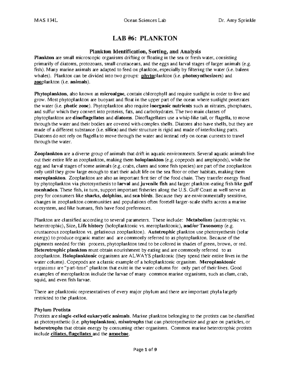 Lab #6 Plankton Updated F 22-1 - LAB #6: PLANKTON Plankton ...